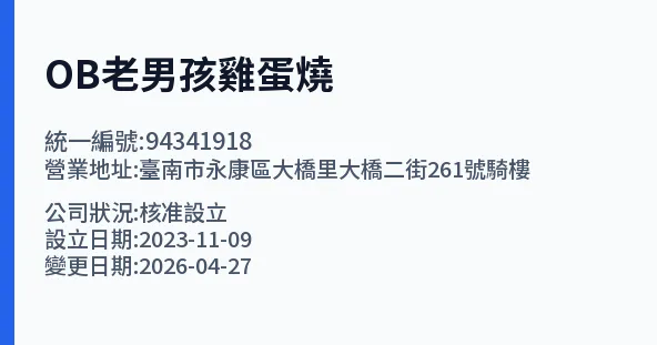 OB老男孩雞蛋燒的照片-統編 94341918(臺南市) 公司登記資料與營業項目詳細圖表