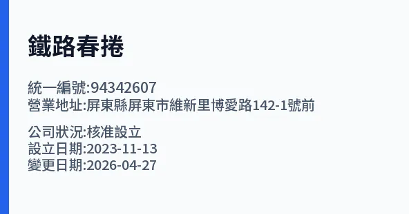 鐵路春捲的照片-統編 94342607(屏東縣) 公司登記資料與營業項目詳細圖表