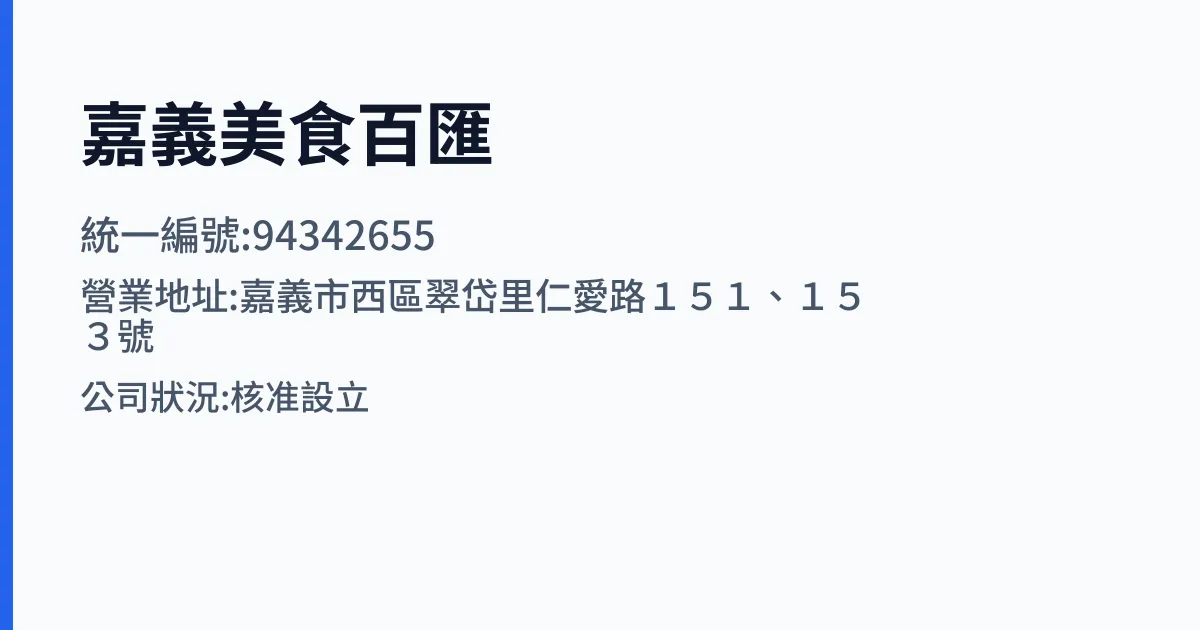 嘉義美食百匯 - 統編 94342655(嘉義市) 公司登記資料與營業項目詳細圖表