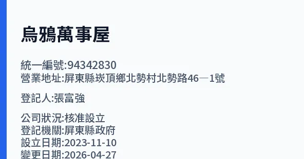 烏鴉萬事屋的照片-統編 94342830(屏東縣) 公司登記資料與營業項目詳細圖表