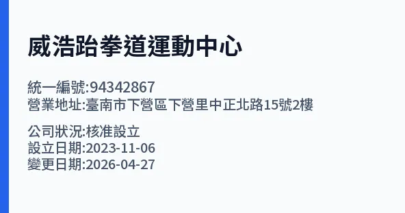 威浩跆拳道運動中心的照片-統編 94342867(臺南市) 公司登記資料與營業項目詳細圖表