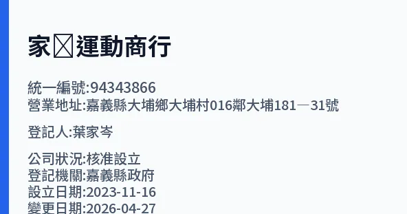 家楽運動商行的照片-統編 94343866(嘉義縣) 公司登記資料與營業項目詳細圖表