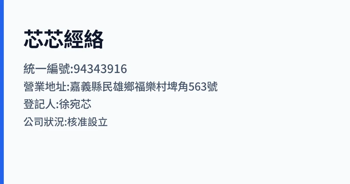 芯芯經絡 - 統編 94343916(嘉義縣) 公司登記資料與營業項目詳細圖表