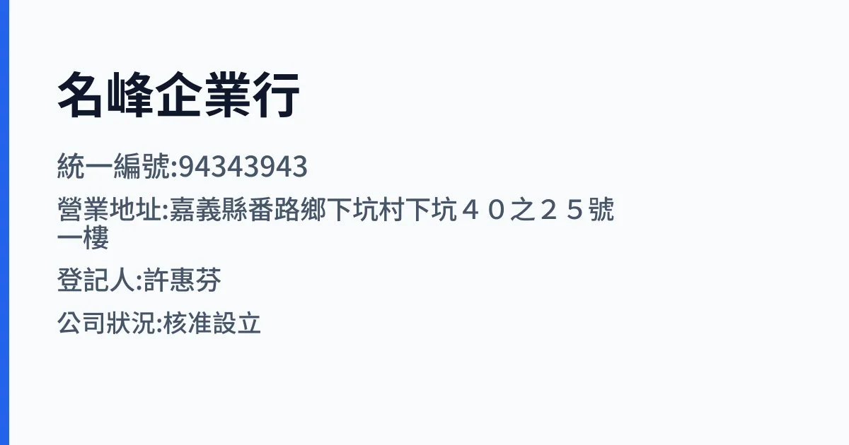 名峰企業行 - 統編 94343943(嘉義縣) 公司登記資料與營業項目詳細圖表