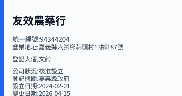 友效農藥行的照片-統編 94344204(嘉義縣) 公司登記資料與營業項目詳細圖表