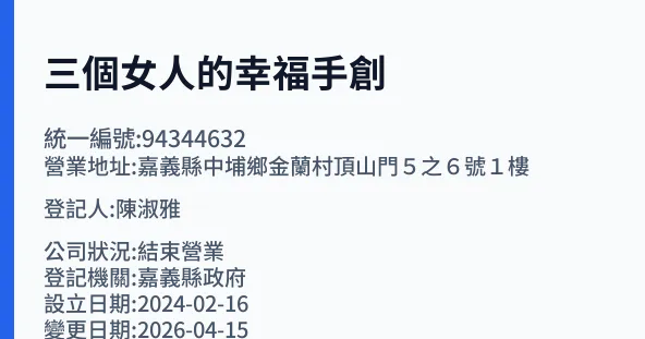 三個女人的幸福手創的照片-統編 94344632(嘉義縣) 公司登記資料與營業項目詳細圖表