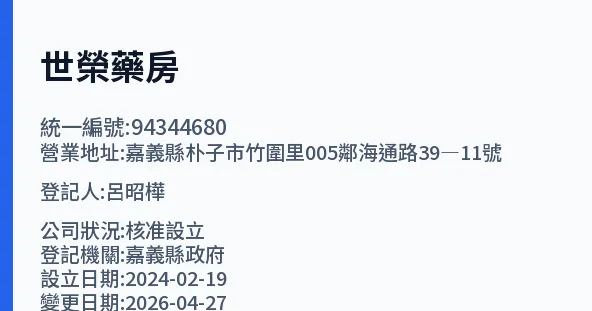世榮藥房的照片-統編 94344680(嘉義縣) 公司登記資料與營業項目詳細圖表
