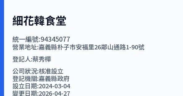 細花韓食堂的照片-統編 94345077(嘉義縣) 公司登記資料與營業項目詳細圖表