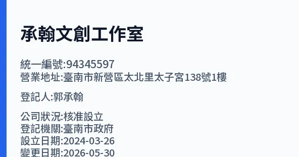 承翰文創工作室的照片-統編 94345597(臺南市) 公司登記資料與營業項目詳細圖表
