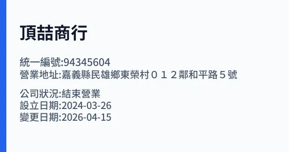 頂喆商行的照片-統編 94345604(嘉義縣) 公司登記資料與營業項目詳細圖表