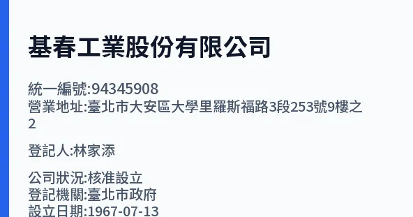 基春工業股份有限公司的照片-統編 94345908(臺北市) 公司登記資料與營業項目詳細圖表