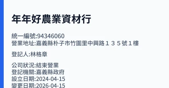 年年好農業資材行的照片-統編 94346060(嘉義縣) 公司登記資料與營業項目詳細圖表