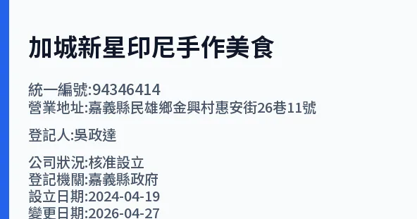 加城新星印尼手作美食的照片-統編 94346414(嘉義縣) 公司登記資料與營業項目詳細圖表