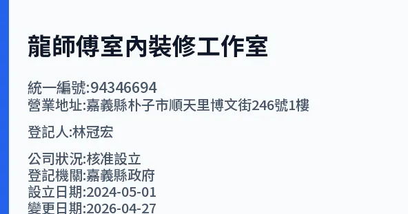 龍師傅室內裝修工作室的照片-統編 94346694(嘉義縣) 公司登記資料與營業項目詳細圖表