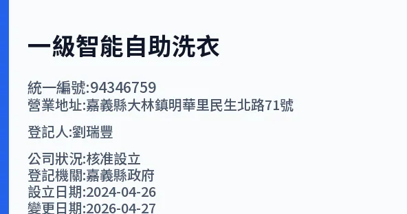 一級智能自助洗衣的照片-統編 94346759(嘉義縣) 公司登記資料與營業項目詳細圖表