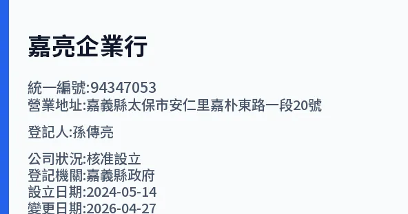 嘉亮企業行的照片-統編 94347053(嘉義縣) 公司登記資料與營業項目詳細圖表