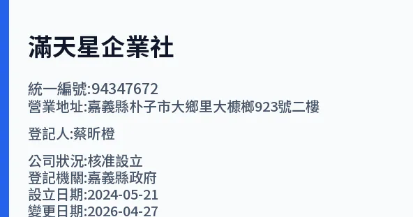 滿天星企業社的照片-統編 94347672(嘉義縣) 公司登記資料與營業項目詳細圖表