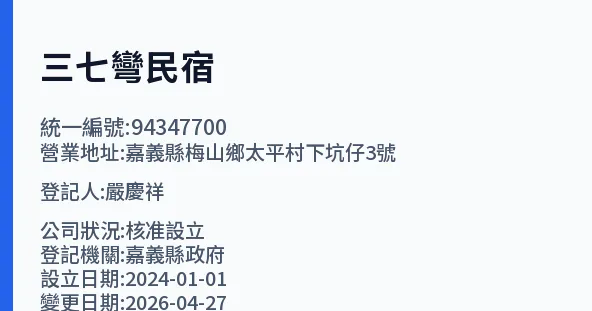 三七彎民宿的照片-統編 94347700(嘉義縣) 公司登記資料與營業項目詳細圖表