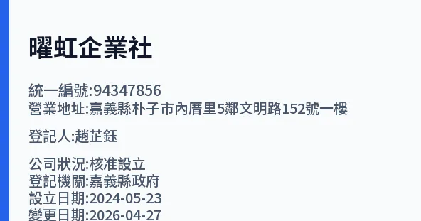 曜虹企業社的照片-統編 94347856(嘉義縣) 公司登記資料與營業項目詳細圖表
