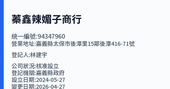 蓁鑫辣媚子商行的照片-統編 94347960(嘉義縣) 公司登記資料與營業項目詳細圖表