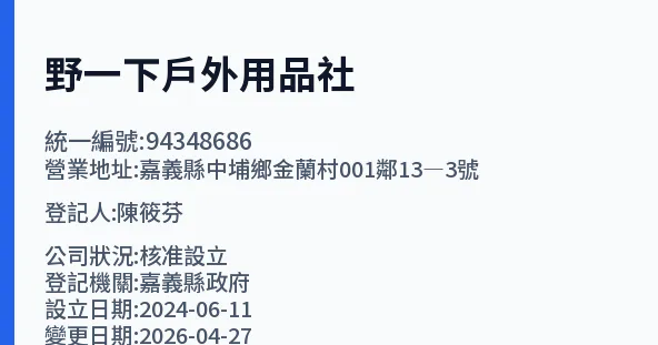 野一下戶外用品社的照片-統編 94348686(嘉義縣) 公司登記資料與營業項目詳細圖表
