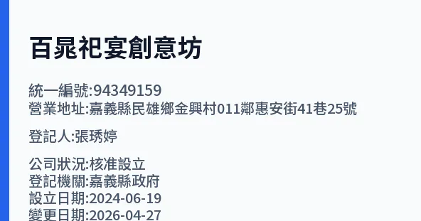 百晁祀宴創意坊的照片-統編 94349159(嘉義縣) 公司登記資料與營業項目詳細圖表
