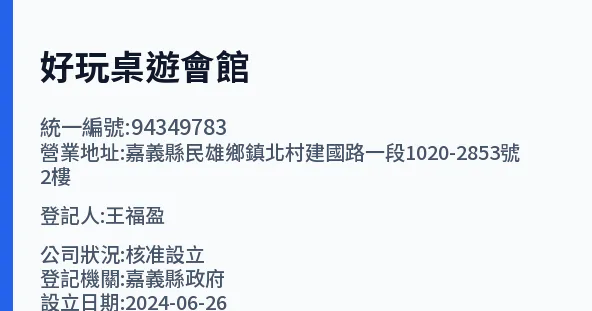 好玩桌遊會館的照片-統編 94349783(嘉義縣) 公司登記資料與營業項目詳細圖表