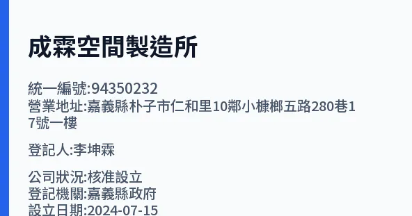 成霖空間製造所的照片-統編 94350232(嘉義縣) 公司登記資料與營業項目詳細圖表