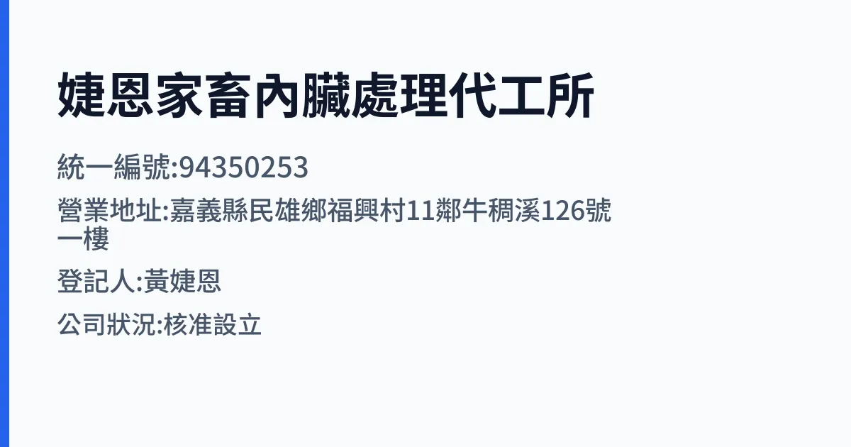 婕恩家畜內臟處理代工所 - 統編 94350253(嘉義縣) 公司登記資料與營業項目詳細圖表