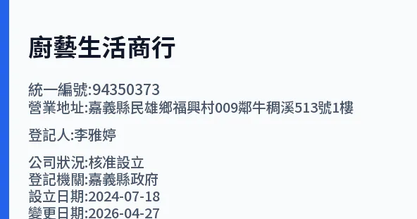 廚藝生活商行的照片-統編 94350373(嘉義縣) 公司登記資料與營業項目詳細圖表