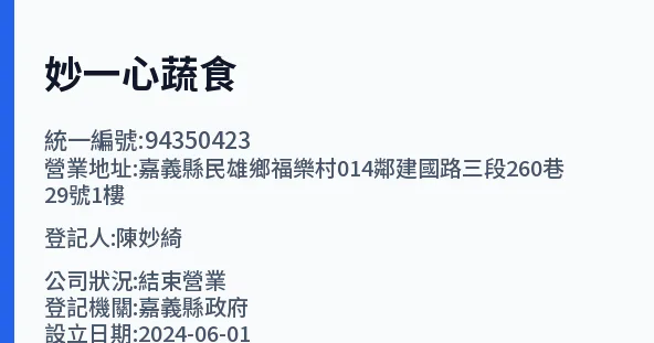 妙一心蔬食的照片-統編 94350423(嘉義縣) 公司登記資料與營業項目詳細圖表
