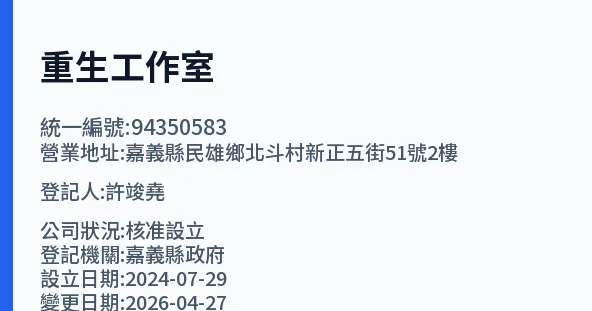 重生工作室的照片-統編 94350583(嘉義縣) 公司登記資料與營業項目詳細圖表