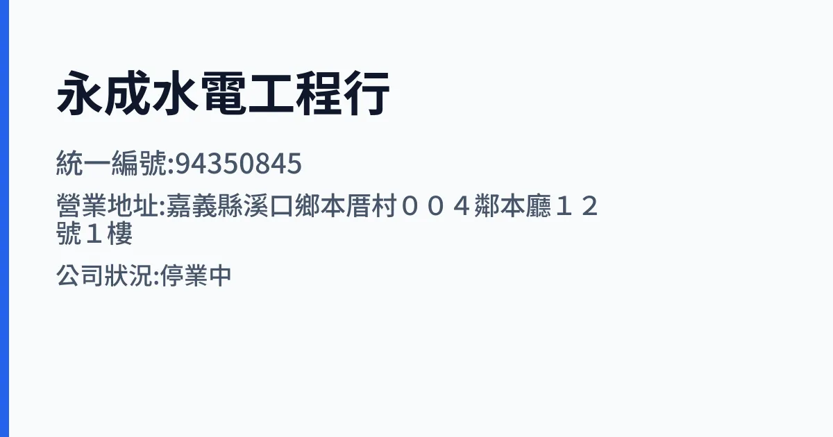 永成水電工程行 - 統編 94350845(嘉義縣) 公司登記資料與營業項目詳細圖表