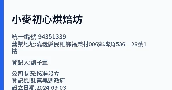 小麥初心烘焙坊的照片-統編 94351339(嘉義縣) 公司登記資料與營業項目詳細圖表