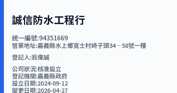 誠信防水工程行的照片-統編 94351669(嘉義縣) 公司登記資料與營業項目詳細圖表