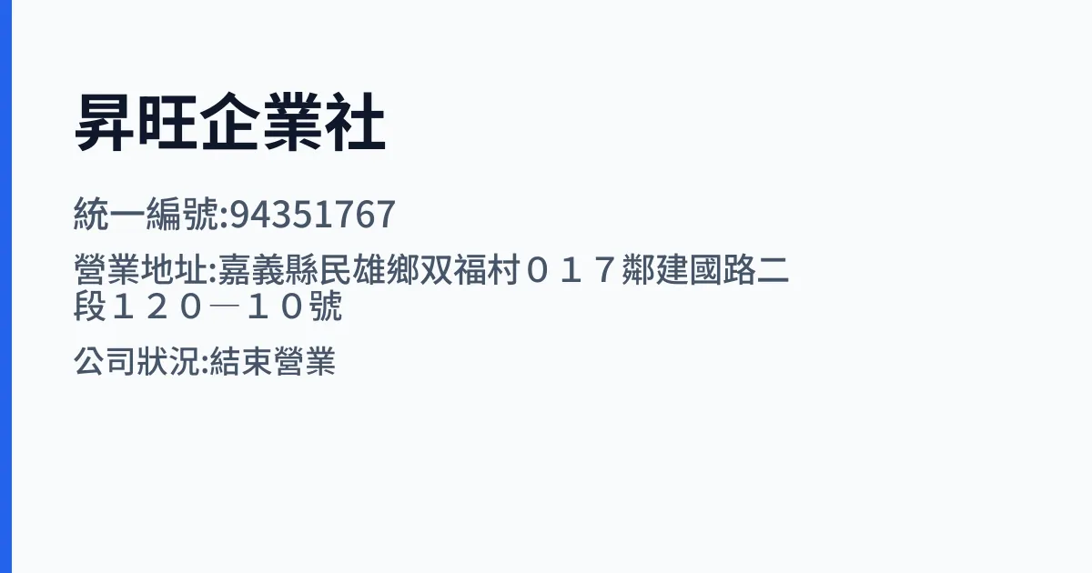 昇旺企業社 - 統編 94351767(嘉義縣) 公司登記資料與營業項目詳細圖表