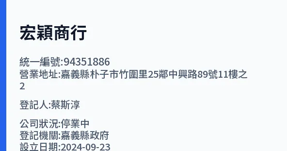 宏穎商行的照片-統編 94351886(嘉義縣) 公司登記資料與營業項目詳細圖表