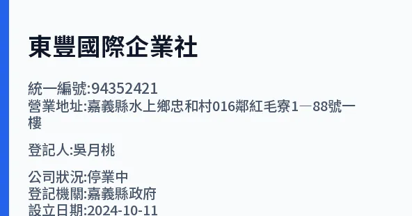 東豐國際企業社的照片-統編 94352421(嘉義縣) 公司登記資料與營業項目詳細圖表