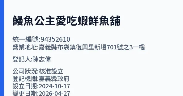 鰻魚公主愛吃蝦鮮魚舖的照片-統編 94352610(嘉義縣) 公司登記資料與營業項目詳細圖表