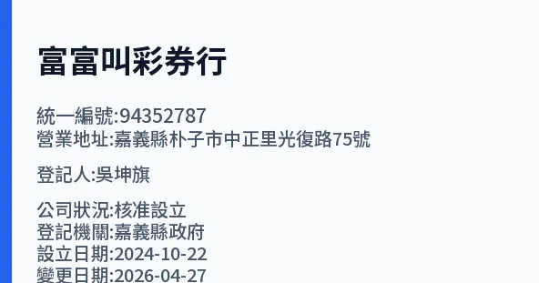 富富叫彩券行的照片-統編 94352787(嘉義縣) 公司登記資料與營業項目詳細圖表