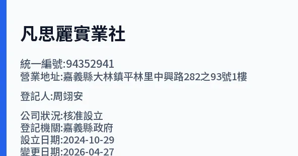 凡思麗實業社的照片-統編 94352941(嘉義縣) 公司登記資料與營業項目詳細圖表