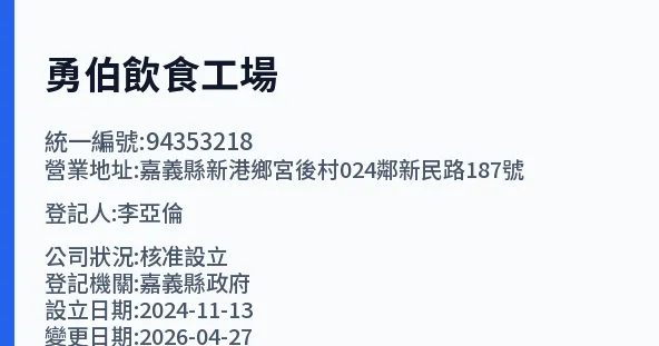 勇伯飲食工場的照片-統編 94353218(嘉義縣) 公司登記資料與營業項目詳細圖表