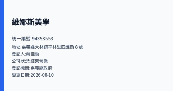 維娜斯美學的照片-統編 94353553(嘉義縣) 公司登記資料與營業項目詳細圖表