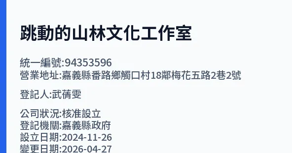 跳動的山林文化工作室的照片-統編 94353596(嘉義縣) 公司登記資料與營業項目詳細圖表