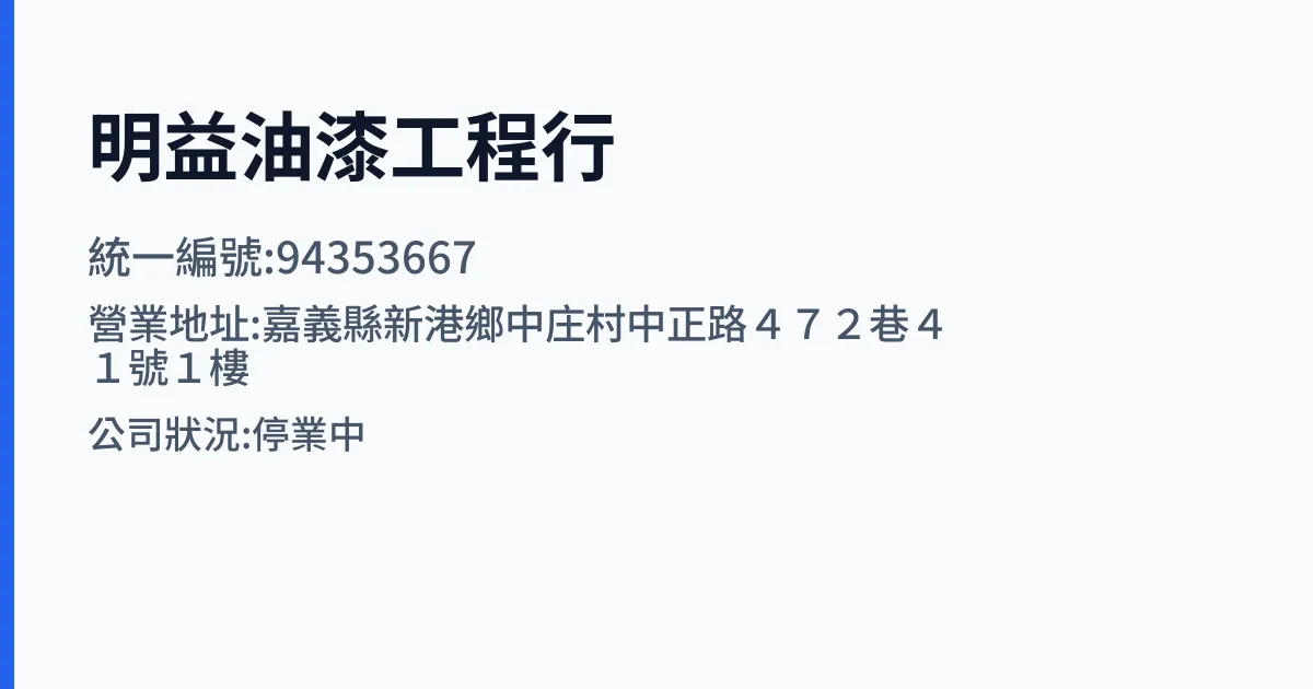 明益油漆工程行 - 統編 94353667(嘉義縣) 公司登記資料與營業項目詳細圖表