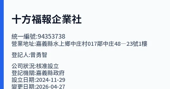 十方福報企業社的照片-統編 94353738(嘉義縣) 公司登記資料與營業項目詳細圖表