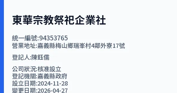 東華宗教祭祀企業社的照片-統編 94353765(嘉義縣) 公司登記資料與營業項目詳細圖表
