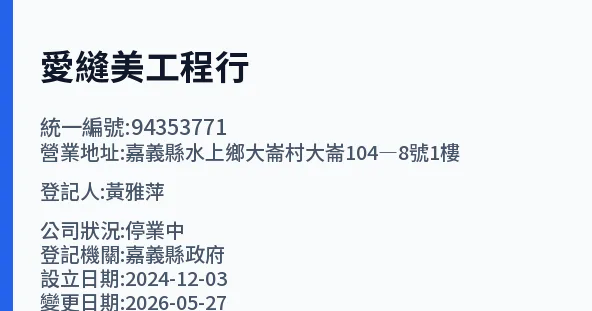 愛縫美工程行的照片-統編 94353771(嘉義縣) 公司登記資料與營業項目詳細圖表