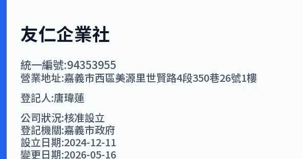 友仁企業社的照片-統編 94353955(嘉義市) 公司登記資料與營業項目詳細圖表