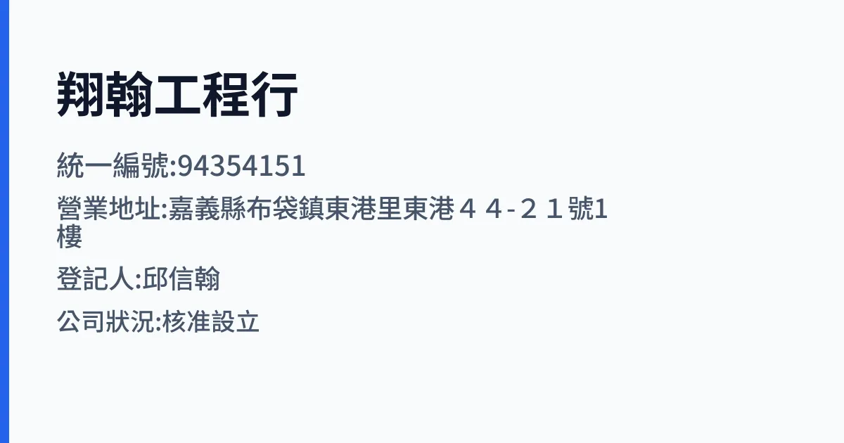 翔翰工程行 - 統編 94354151（嘉義縣） 公司登記資料與營業項目詳細圖表
